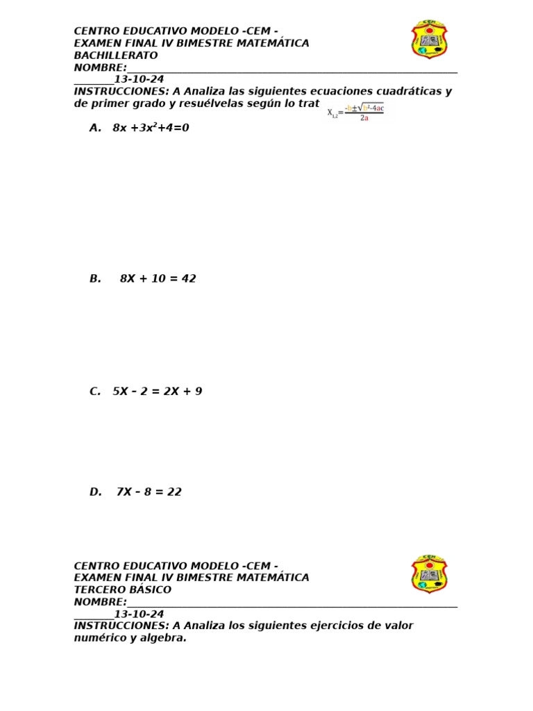 Examenes Iv Bimestre Cem-2024 | PDF