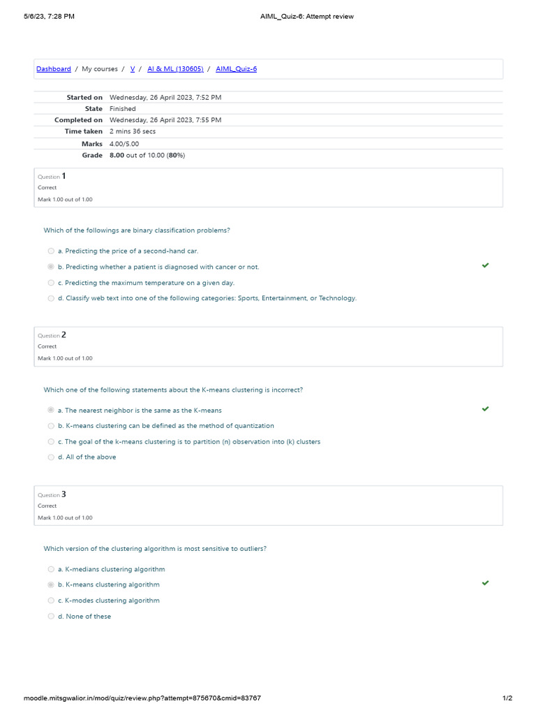 AIML Quiz-6 Attempt Review | PDF | Machine Learning | Cluster Analysis