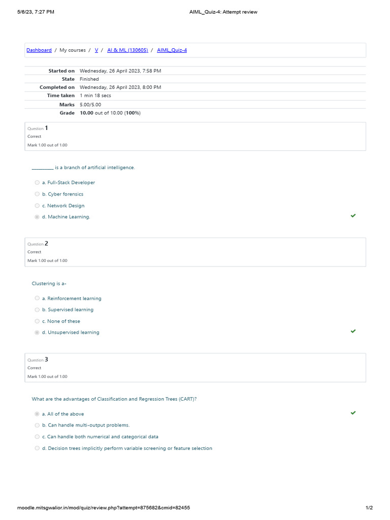 AIML - Quiz-4 - Attempt Review | PDF | Machine Learning | Information ...