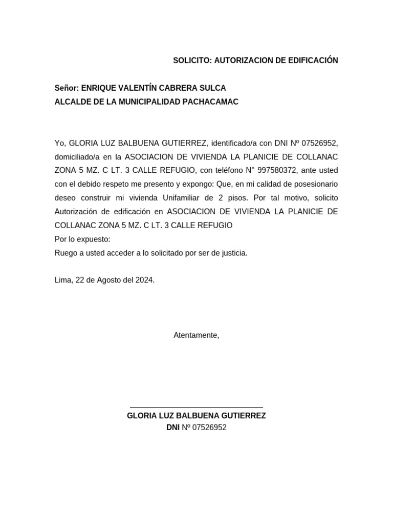 Solicitud Dirigida Al Alcalde | PDF