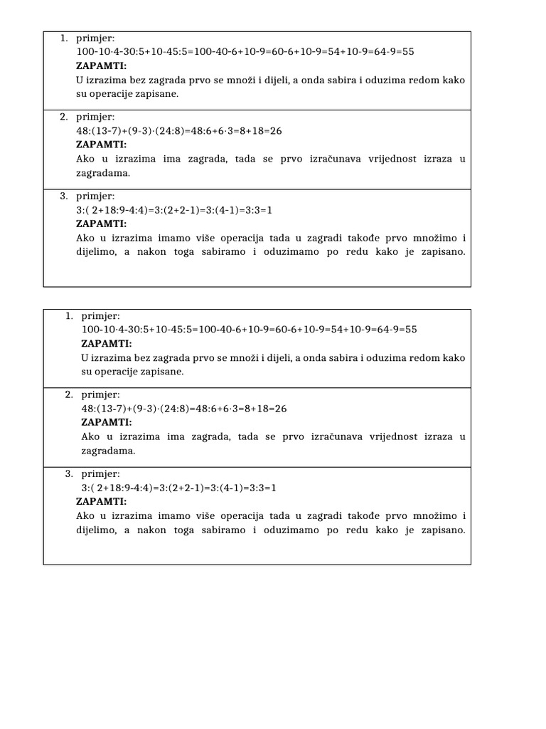 Primjer Redosljed Racunskih Operacija | PDF