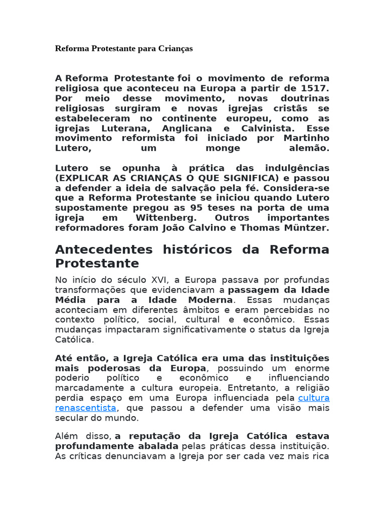 Reforma Protestante para Crianças | PDF | Protestantismo | Martinho Lutero