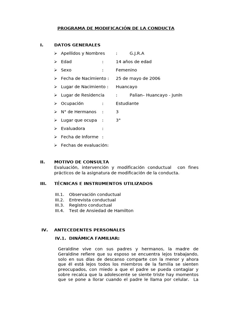 Esquema Del Programa de Modificación de La Conducta | PDF | Ansiedad | Comportamiento