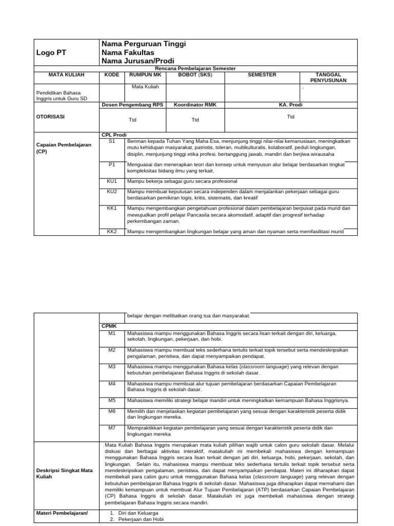 RPS Pendidikan Bahasa Inggris Untuk Guru SD - Rev | PDF