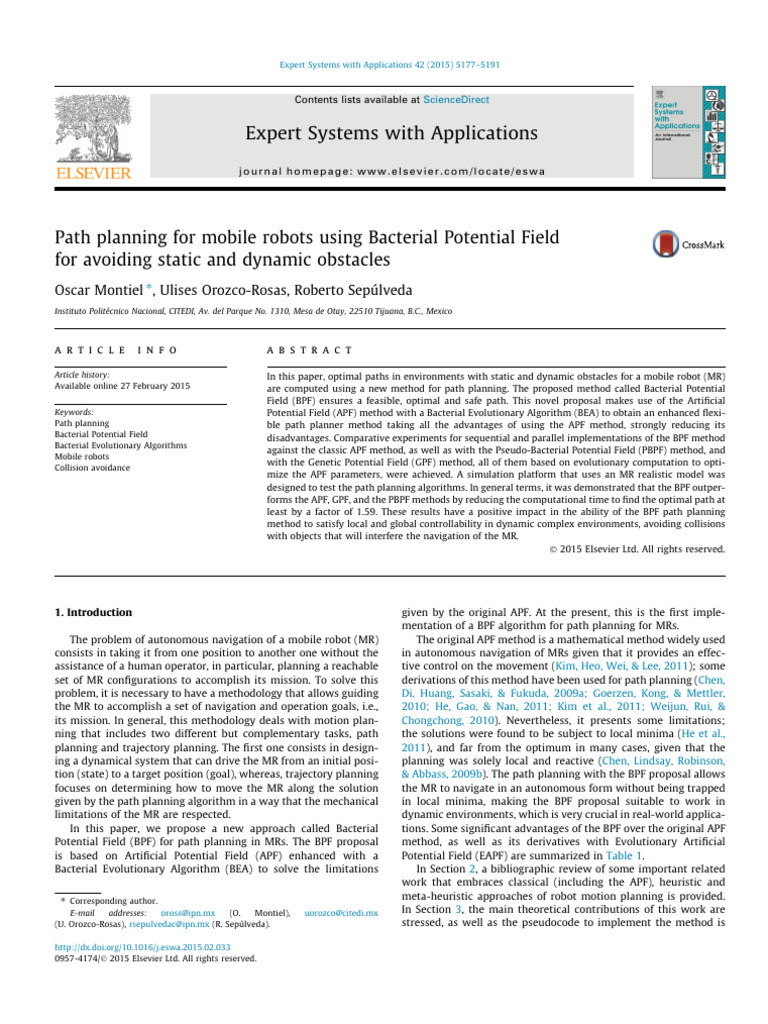 Path Planning For Mobile Robots Using Bacterial Potent - 2015 - Expert ...