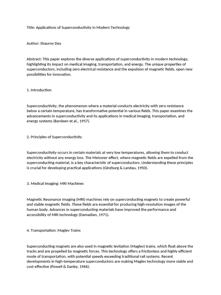 Applications of Superconductivity in Modern Technology | PDF | Superconductivity | Theoretical ...