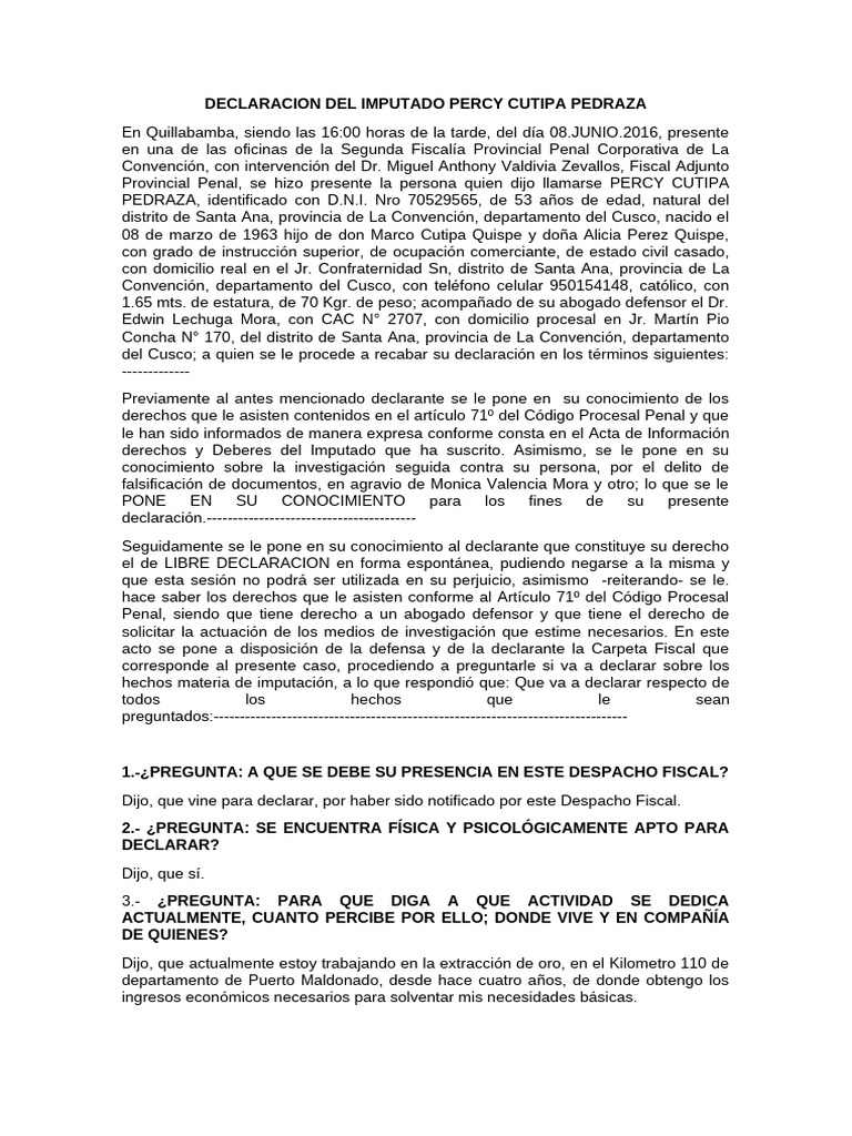 Declaracion Del Imputado Percy Cutipa Pedraza | PDF | Fiscal | Justicia