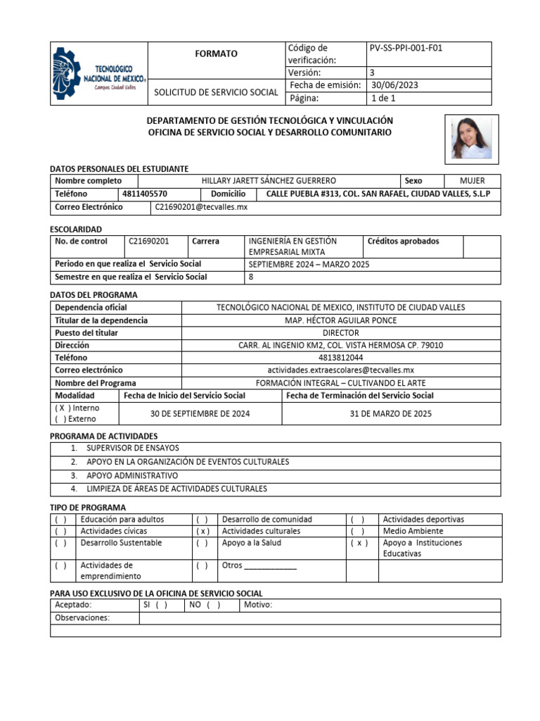 Solicitud de Servicio Social Hillary Sanchez | PDF