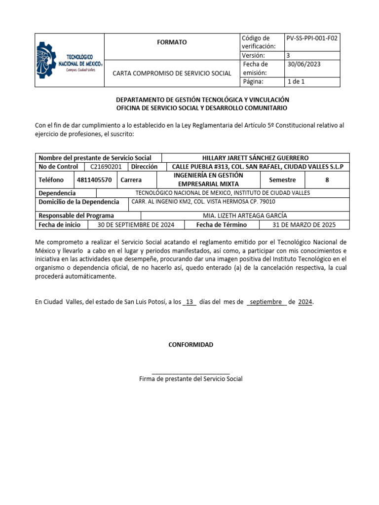 Carta Compromiso de Servicio Social Hillary Sanchez | PDF | Gobierno