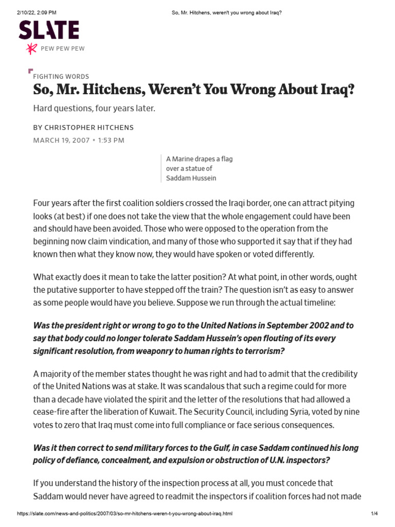 So, Mr. Hitchens, Weren't You Wrong About Iraq | PDF | Saddam Hussein ...