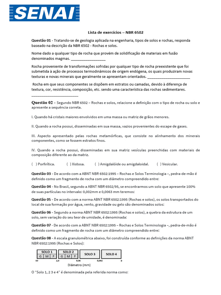 Lista de Exercícios NBR 6502 | PDF | Solo | Rochas (Geologia)