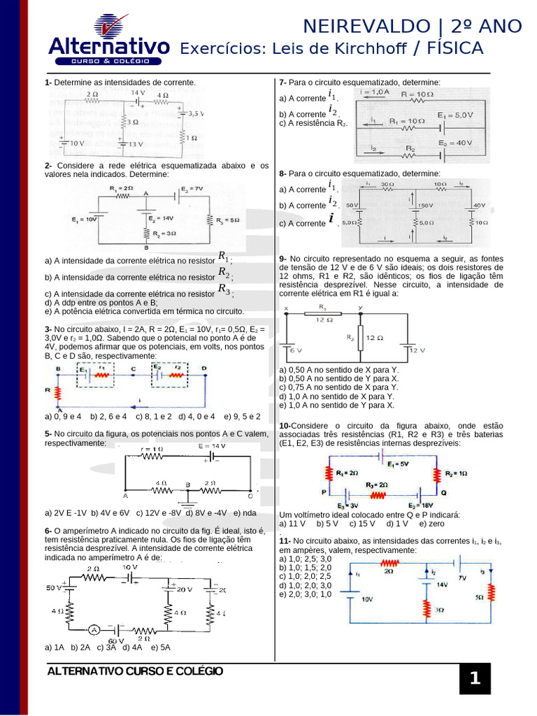 Exercícios de Leis de Kirchhoff em Física | PDF | Rede elétrica | Resistor
