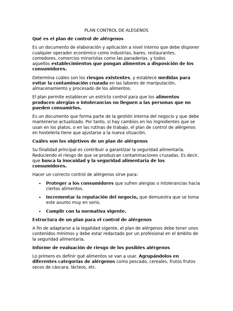 Plan De Alergenos Pdf Seguridad Alimenticia Dieta Libre De Gluten
