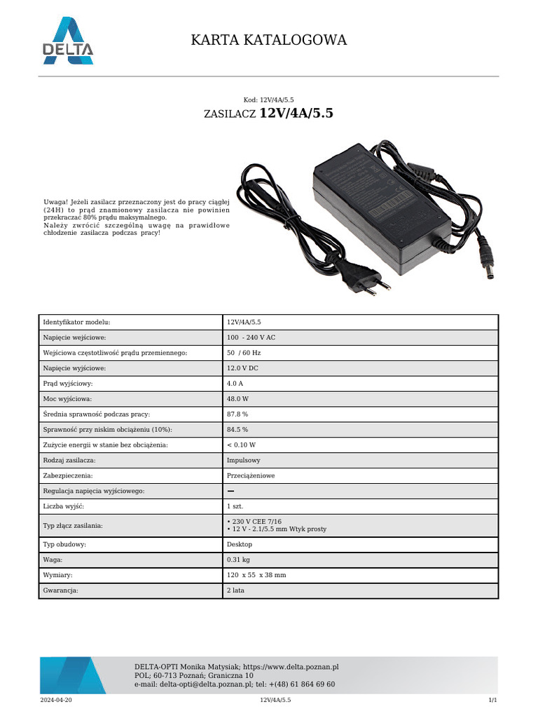 Delta-Opti Datasheet-12V - 4A - 5.5 | PDF