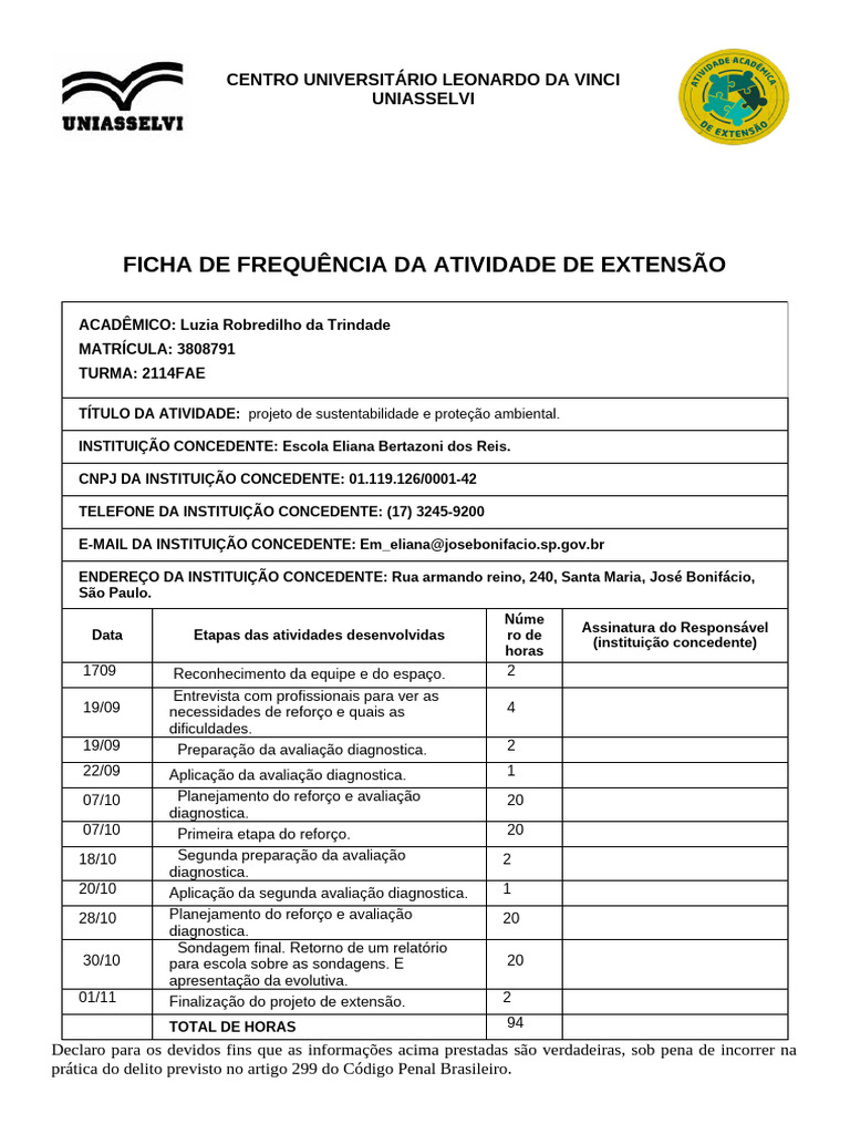 Ficha de Frequência - Atividade de Extensão | PDF