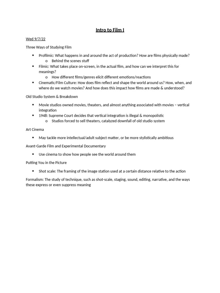 2022-09-07 Intro To Film I | PDF
