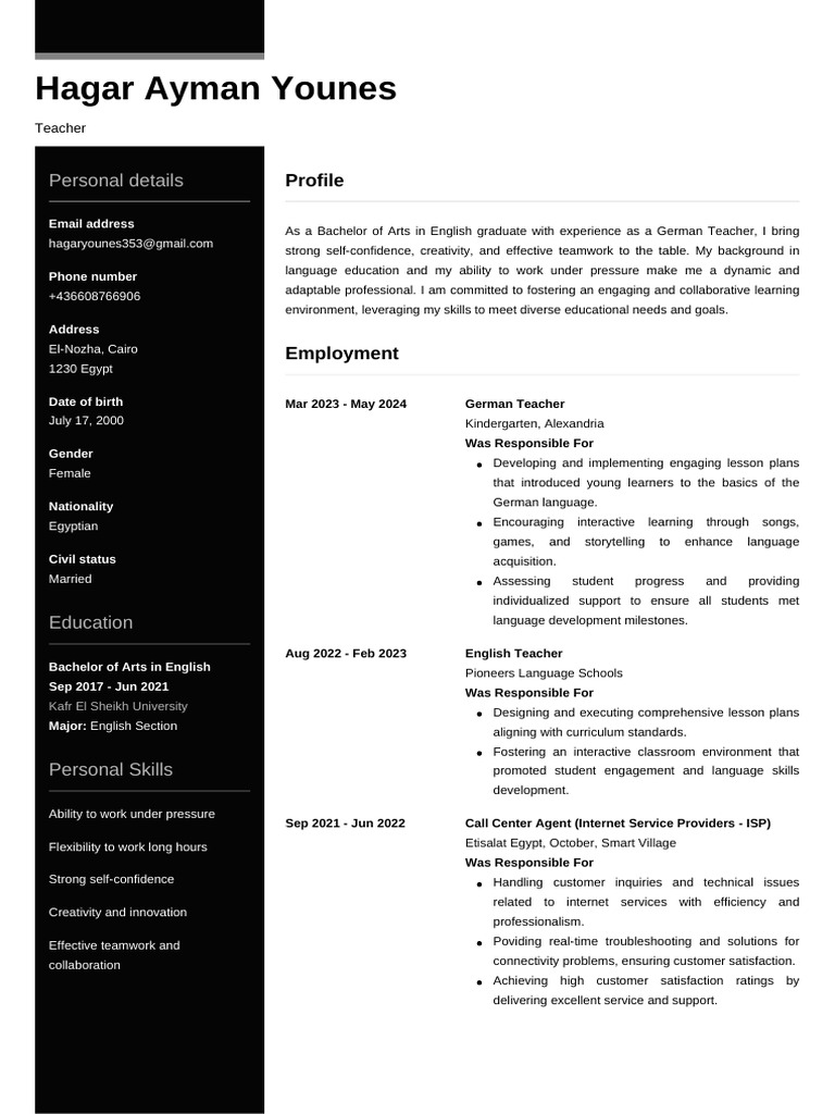 Resume Hagar Ayman Younes | PDF | Teachers | Lesson Plan