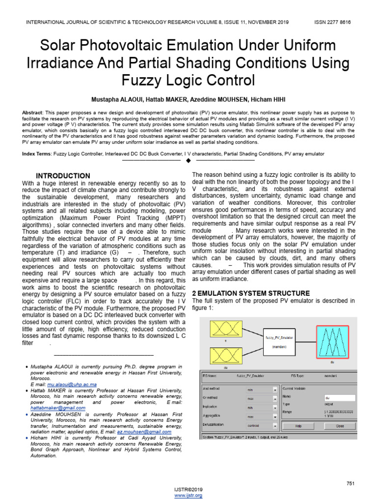 Solar Photovoltaic Emulation Under Uniform Irradiance and Partial Shading Conditions Using Fuzzy ...