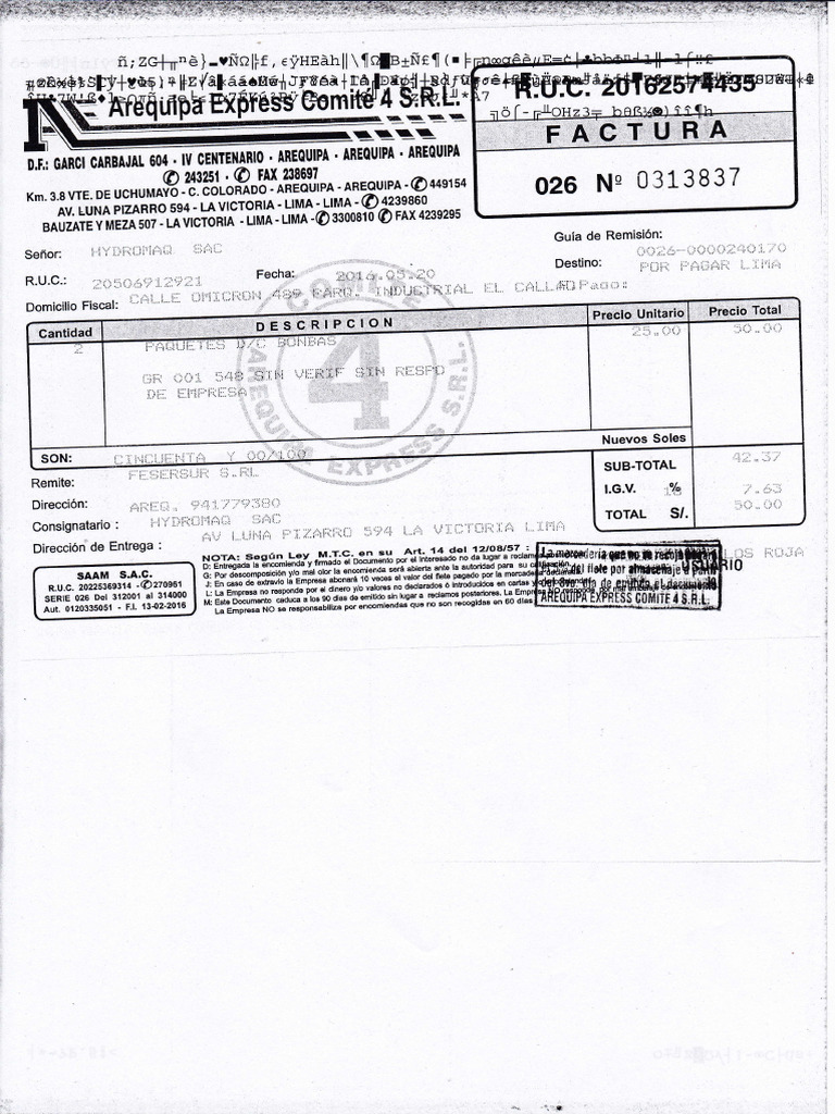 factura de envio 2 bombas | PDF