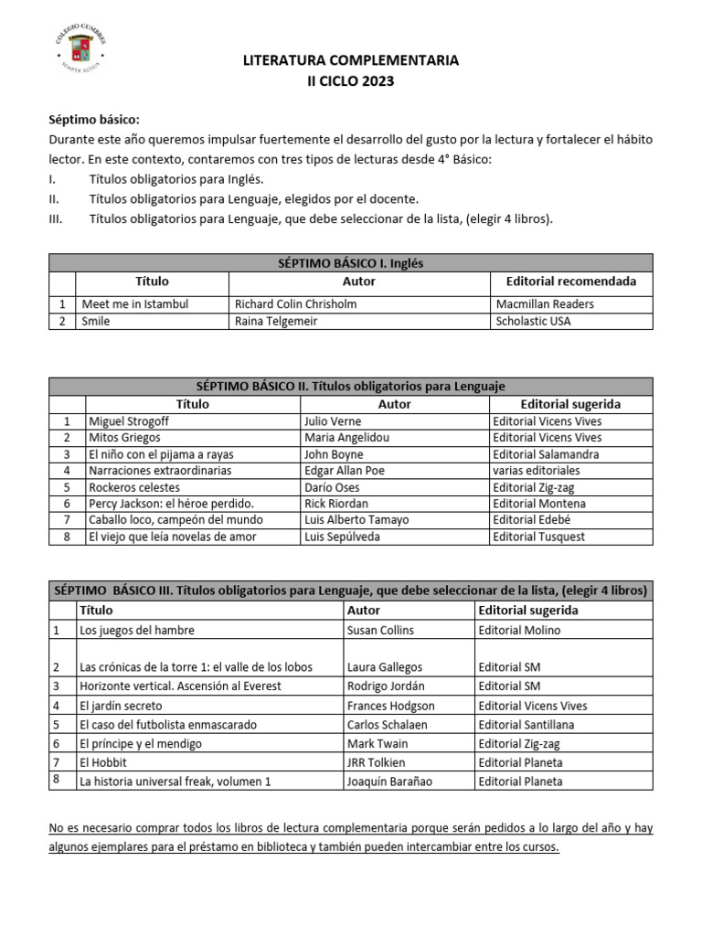 Lecturas Complementarias 7 Iv Medio 2023 P | PDF