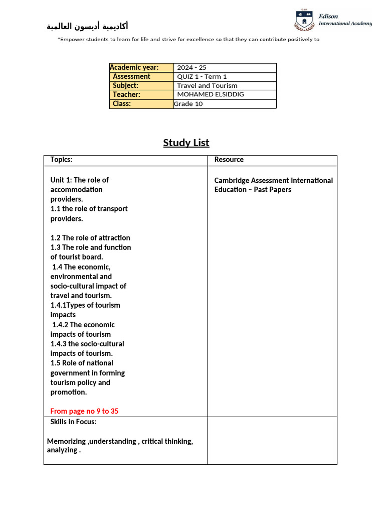 Grade 10 Travel and Tourism Quiz 1 | PDF