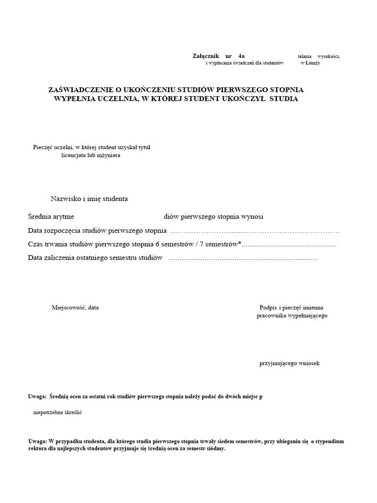Za - Cznik NR 4a Za - Wiadczenie o Uko - Czeniu Studiów Pierwszego Stopnia | PDF