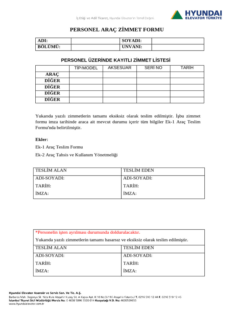 Personel Arac Zimmet Formu - F-DES 252 R00-3102 | PDF