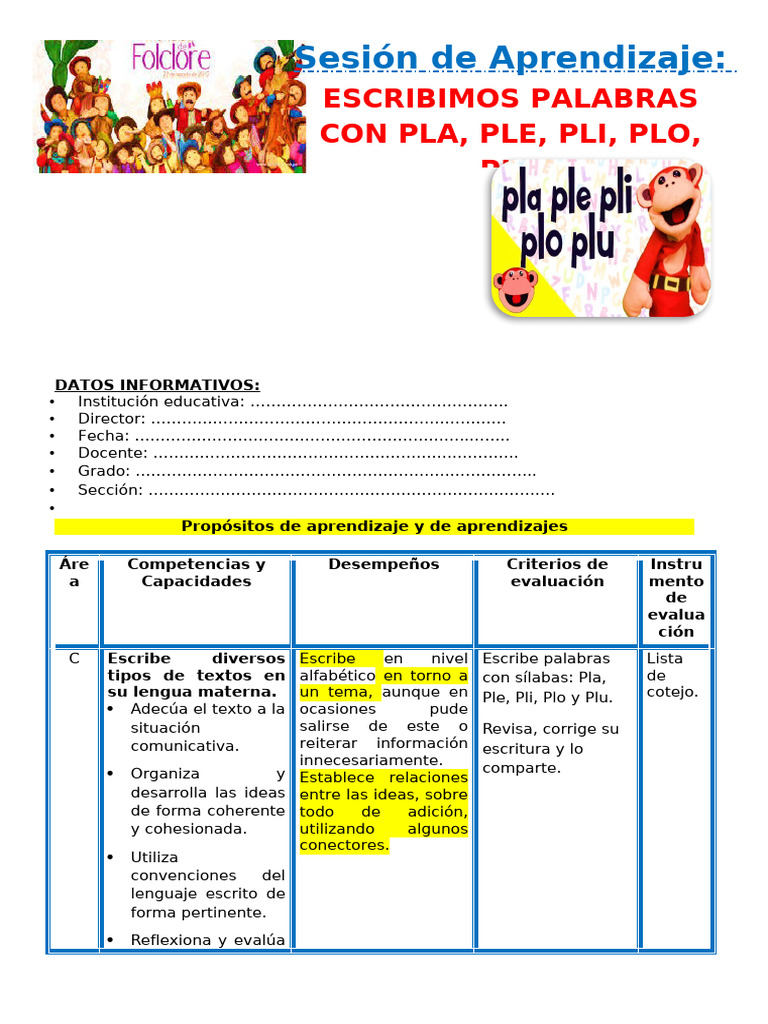 1° Sesión Día 4 Com Escribimos Palabras Con Pla, Ple, Pli, Plo, Plu | PDF