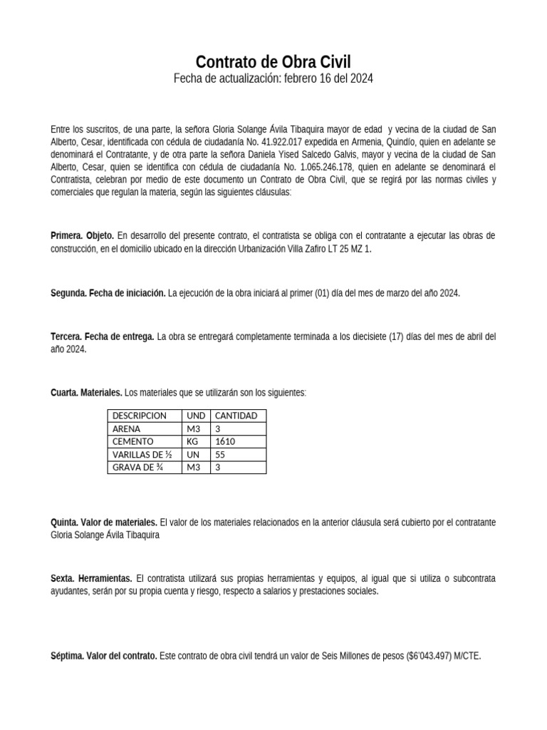 Contrato de Obra Civil | PDF | Ingeniería | Ingeniería estructural