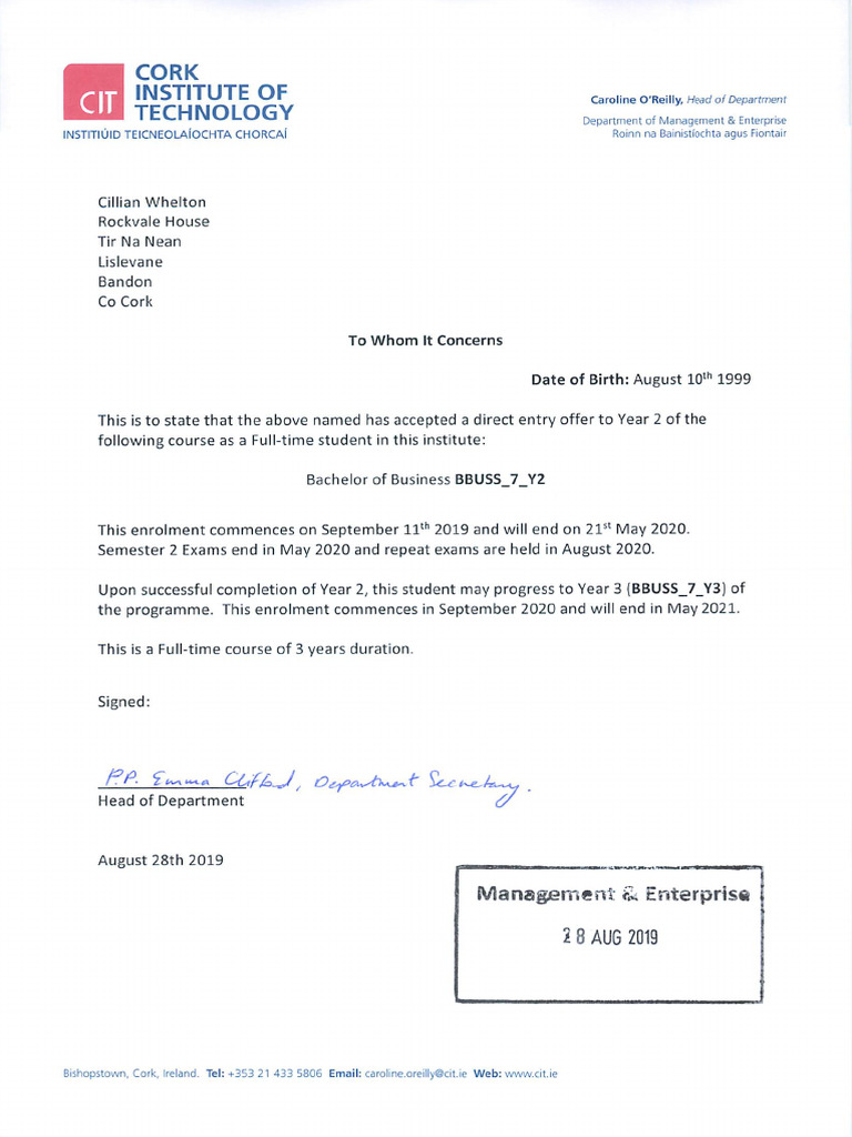 Student Letter Cillian Whelton BBUSS 7 Y2 | PDF