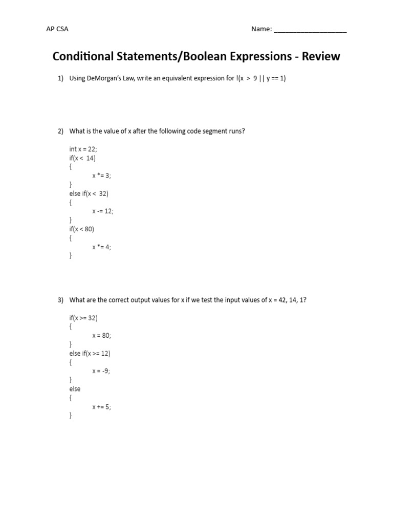 AP CSA Quiz REVIEW Conditional Statements and Boolean Expressions | PDF ...
