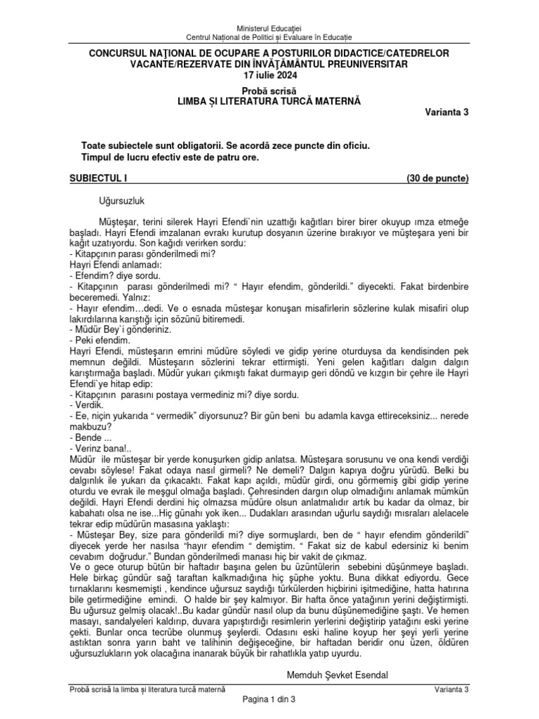 Tit 081 Limba Turca Materna P 2024 Var 03 LTR | PDF