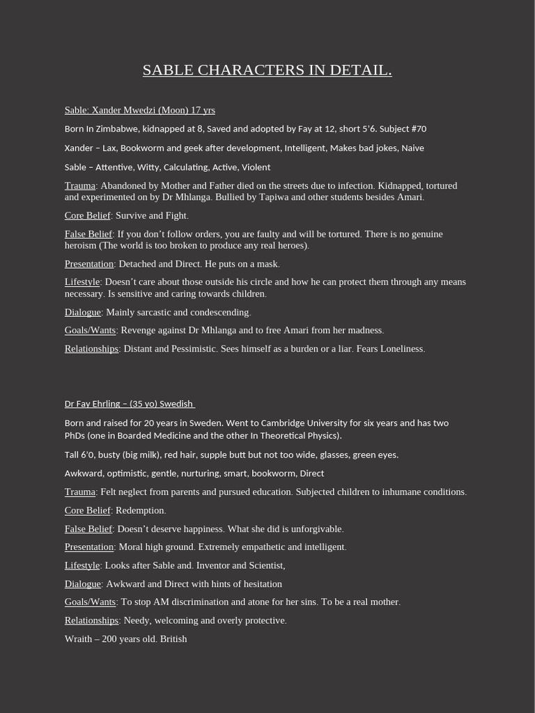 Sable Characters in Detail | PDF