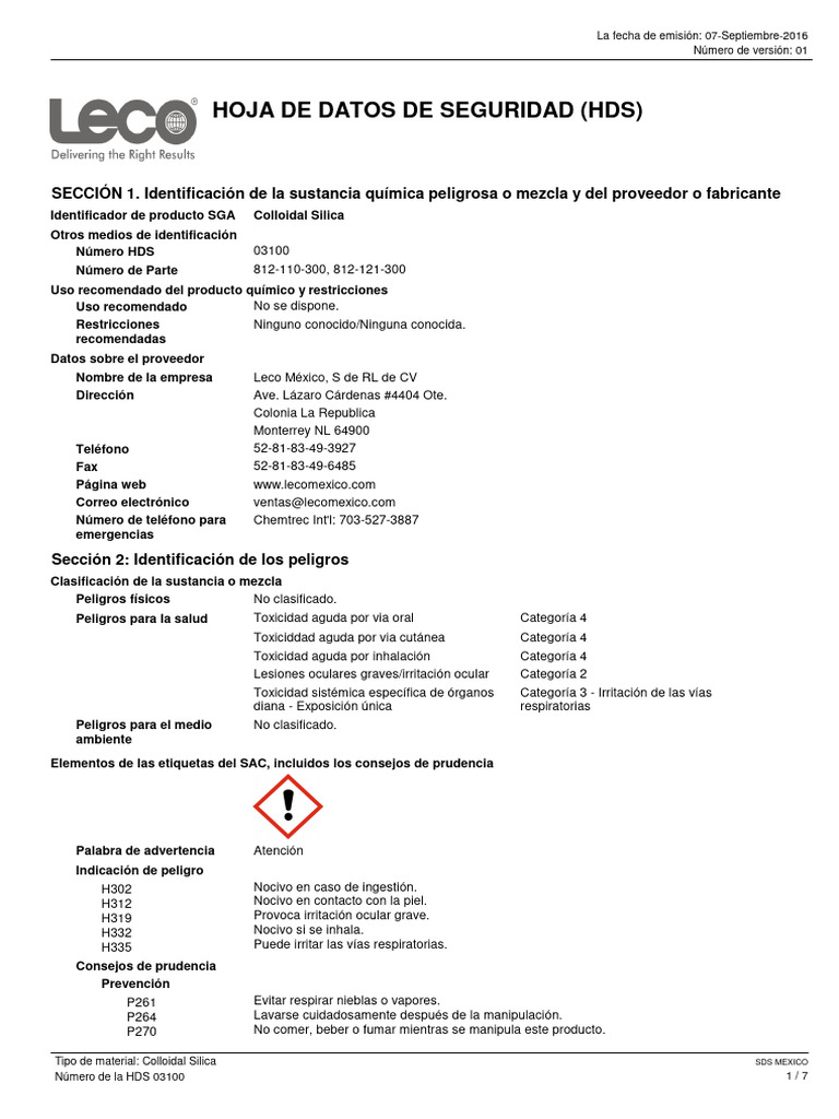 Ficha de Seguridad: Sílice Coloidal | PDF | Residuos | Toxicidad
