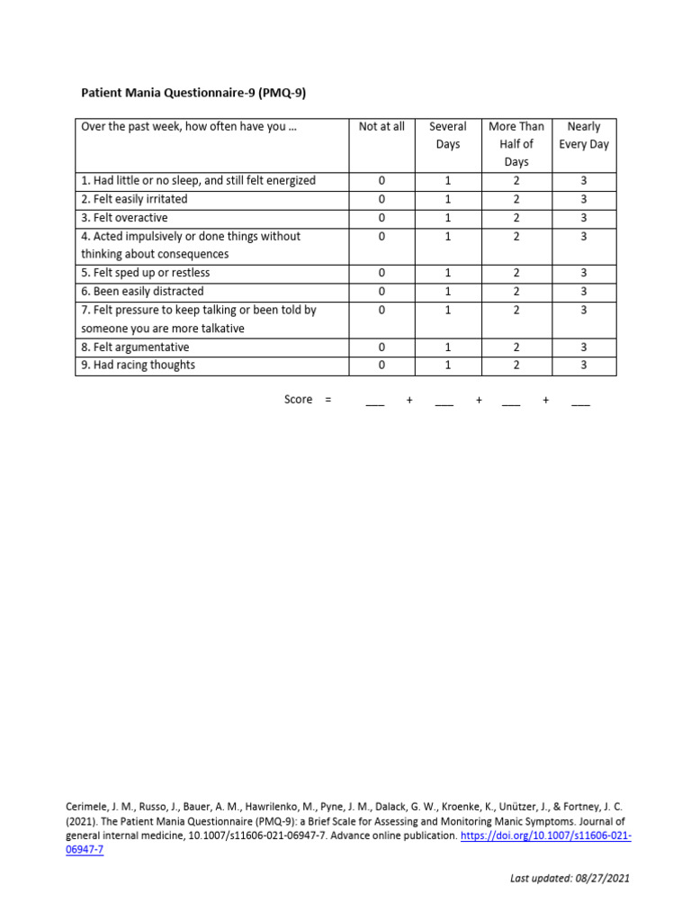 Patient Mania Questionaire 9 Item - Final - 0 | PDF | Mania | Emotions