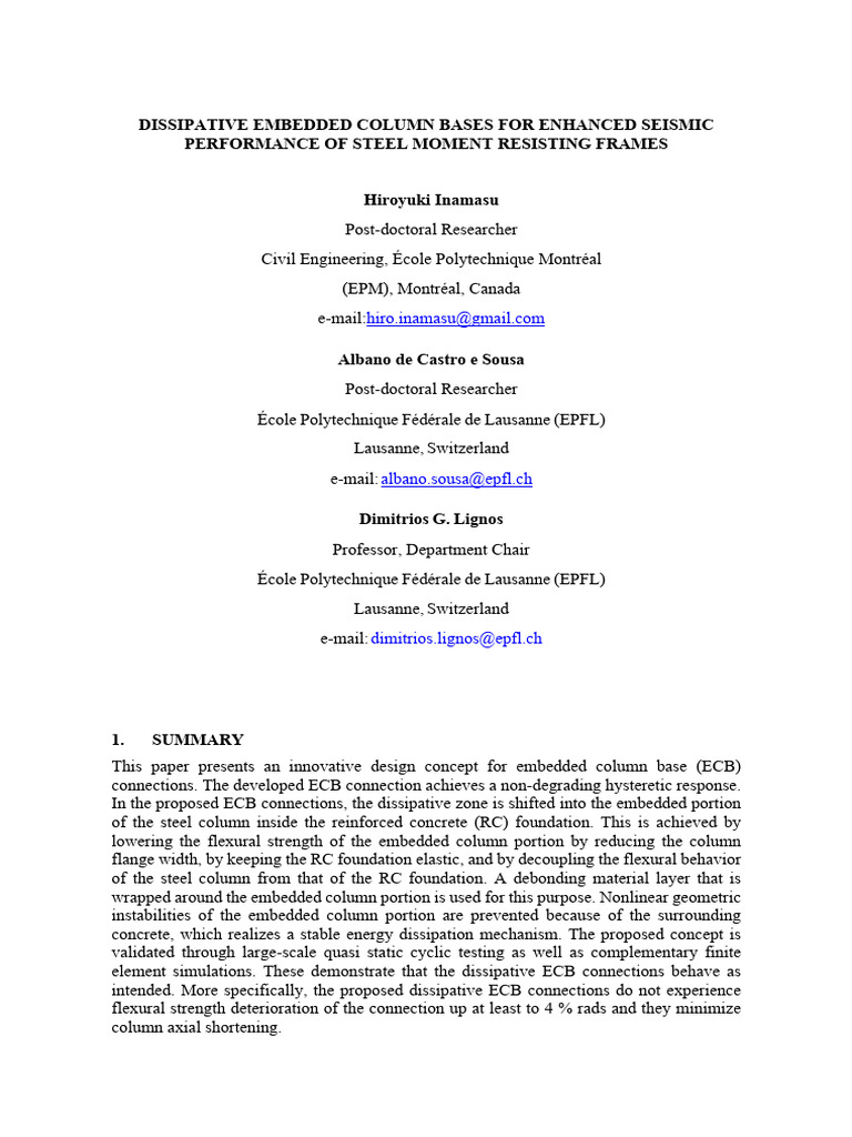 Dissipative Embedded Column Bases For Enhanced Seismic Performance of ...