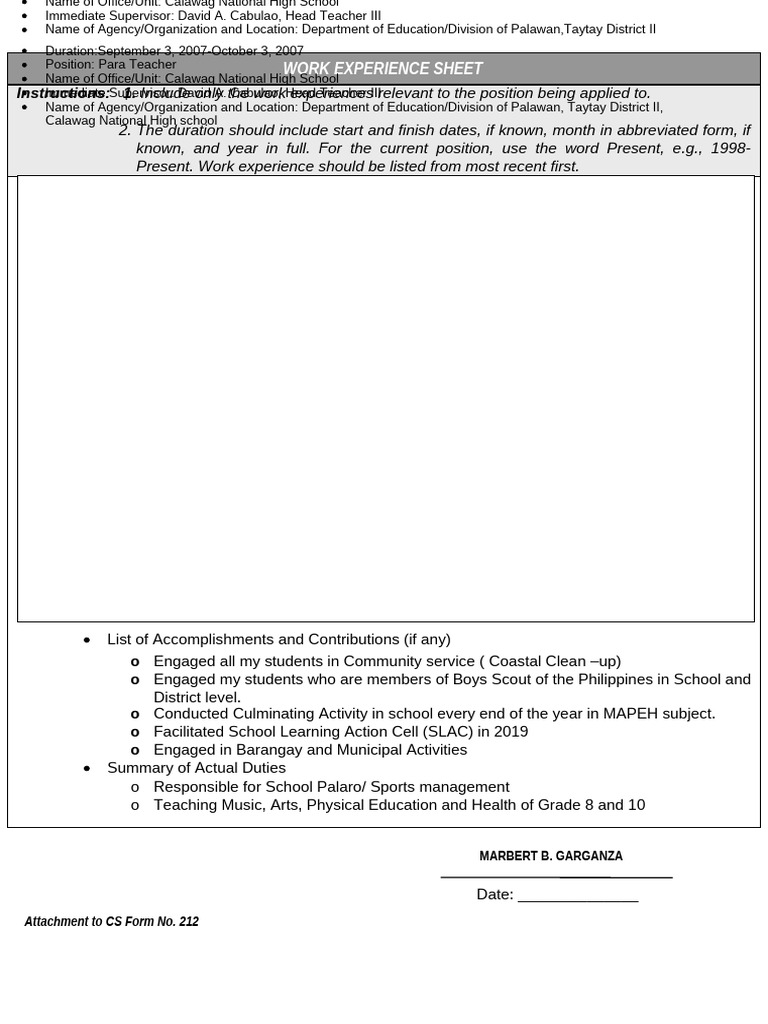 Work-Experience-Sheet-CS-Form-No.-212 - Work Experience Sheet | PDF