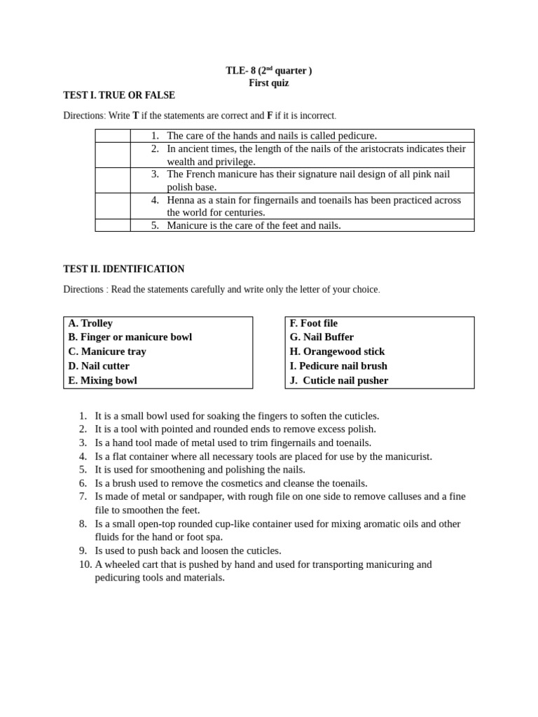 TEST I Tle 8 Q2 Quiz | PDF