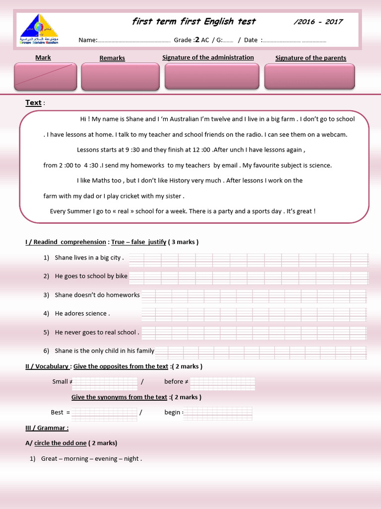 First Term First English Test | PDF | Learning Methods | Linguistics