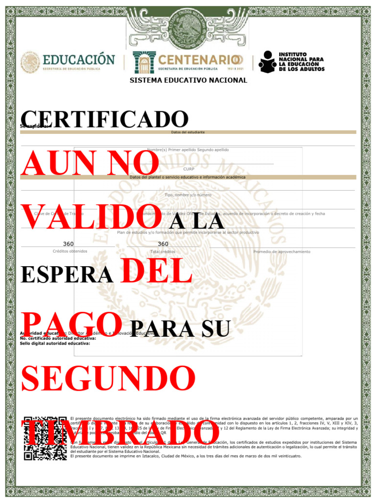 Certificado: Aun No Valido DEL Pago Segundo Timbrado | PDF