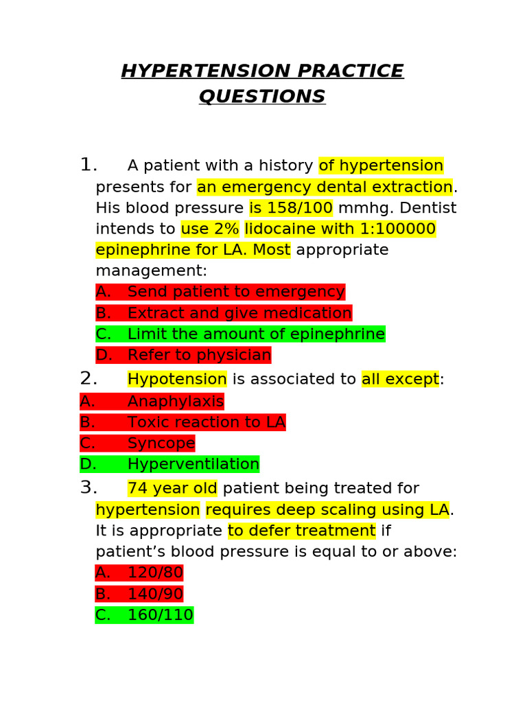 HYPERTENSION PRACTICE QUESTIONS | PDF