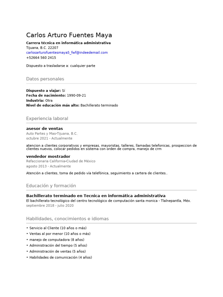 CV Carlos Fuentes: Ventas y Atención al Cliente | PDF