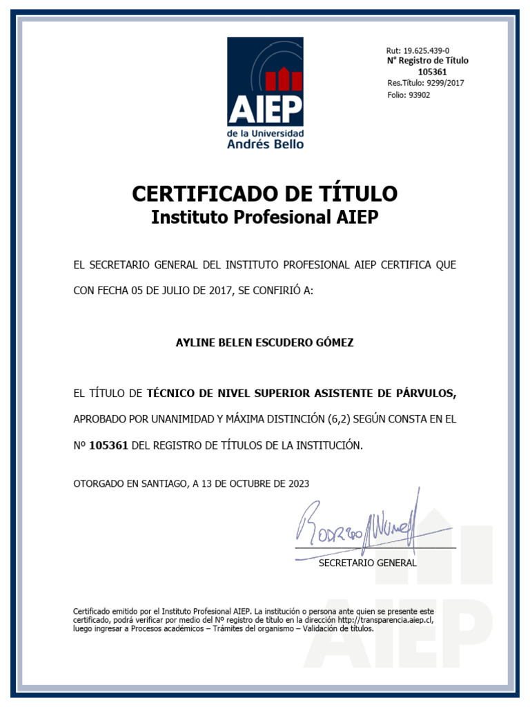 Certificado de Título: Instituto Profesional AIEP | PDF