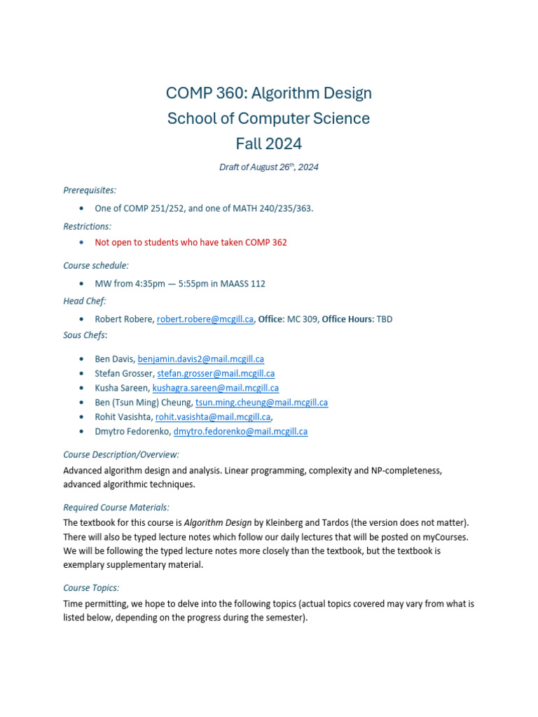McGill COMP 360 Course Outline | PDF | Linear Programming | Computational Complexity Theory