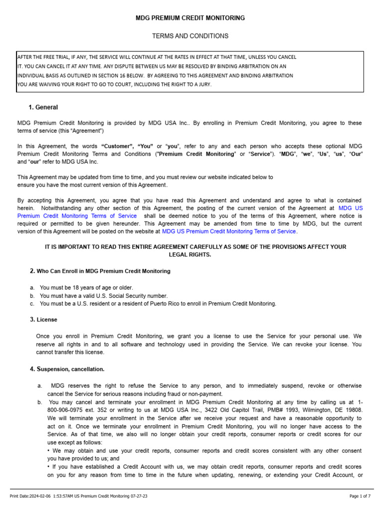 MDG Premium Credit Monitoring: Terms and Conditions | PDF | Arbitration | Credit Score