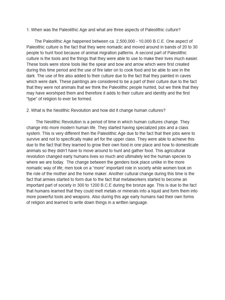 Paleolithic and Neolithic Reading Questions HW History 9 - 9 - 24 | PDF