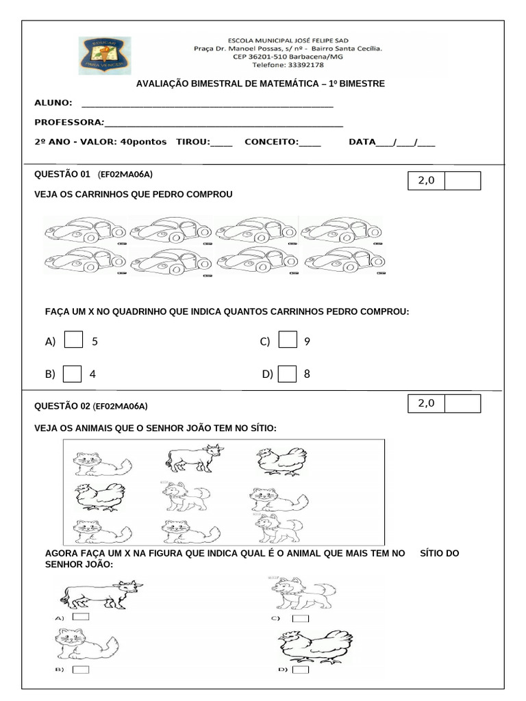 Avaliação Bimestral De Matemática 2º Ano Pdf