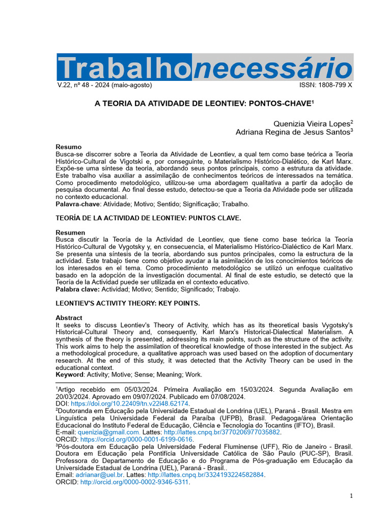Teoria da Atividade de Leontiev: Essência e Aplicações | PDF ...