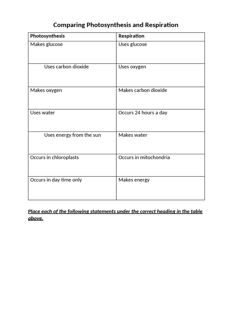 1.2 Comparing Photosynthesis and Respiration Worksheet | PDF