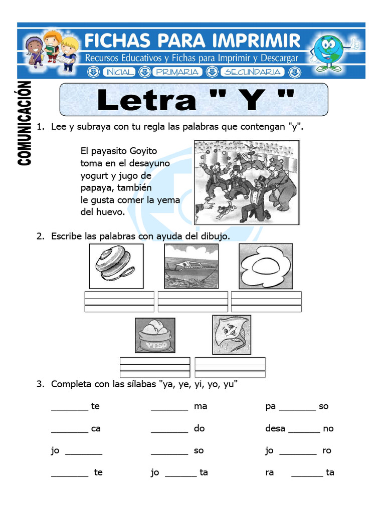 Ficha de La Letra Y para Primero de Primaria | PDF